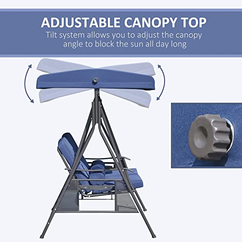 Outsunny 2 Seater Swing Chair, Garden Loveseat Swing Bench with Adjustable Canopy, Soft Cushions, Throw Pillows and Tray for Patio, Yard, Dark Blue