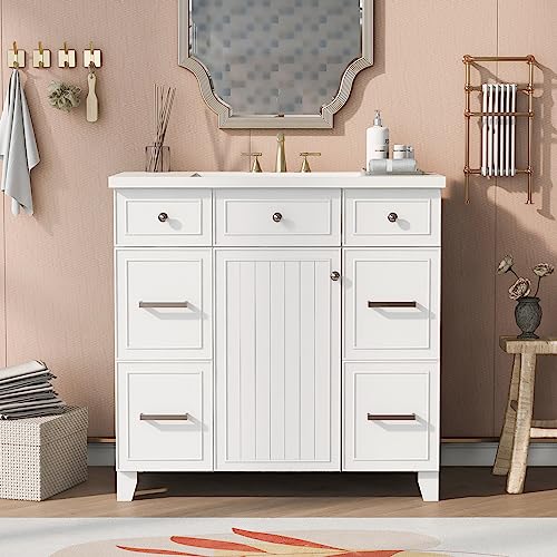 DHHU 36" Vanity Top Combo Set, Single Sink, Shaker Soft Closing Door and Drawer, Bathroom Storage Cabinet, Solid Wood Frame, White