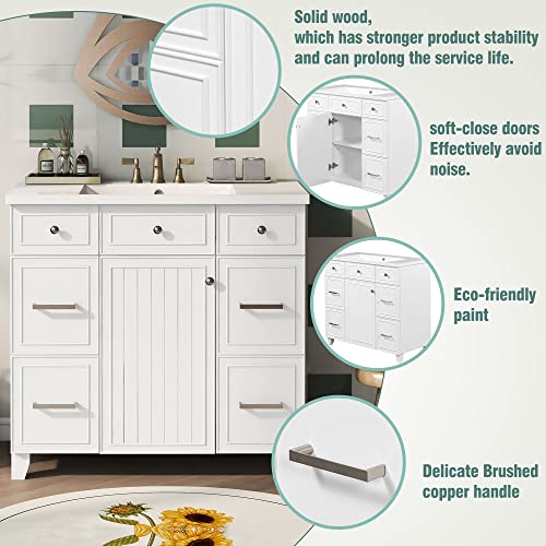 DHHU 36" Vanity Top Combo Set, Single Sink, Shaker Soft Closing Door and Drawer, Bathroom Storage Cabinet, Solid Wood Frame, White