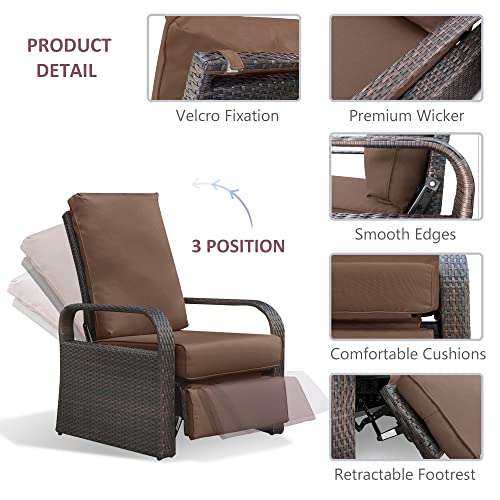 BABYLON Outdoor Wicker Recliner, Patio Recliner Adjustable Chair with 5.11" Cushions and Ottoman, UV/Rust/Weather Resistant/Aluminum Frame/Hand Woven, Brown Color