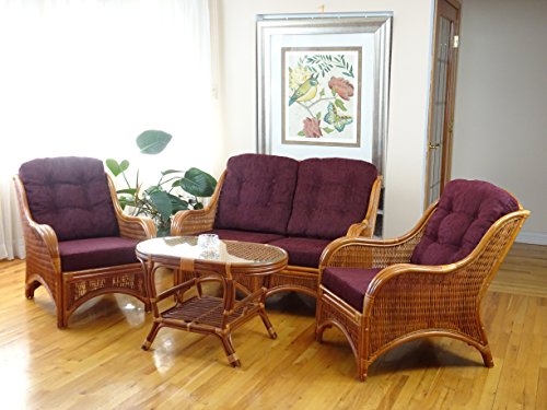 Jam Living Set of 2 Lounge Natural Rattan Chairs Loveseat with Dark Brown Cushions and Coffee Table w/Glass Handmade Design, Cognac