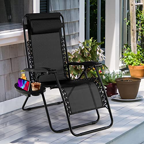 Goplus Zero Gravity Chair, Adjustable Folding Reclining Lounge Chair with Pillow and Cup Holder, Patio Lawn Recliner for Outdoor Pool Camp Yard (1, Black)