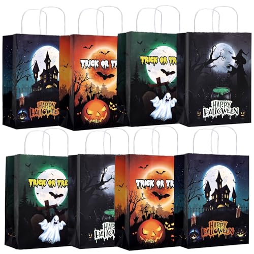 PAICUIKE 24 Pcs Halloween Paper Gift Bags - 6.3x3.1x8.3Inch Small Trick or Treat Gift Bags with Handles, Ideal for Kids' Parties