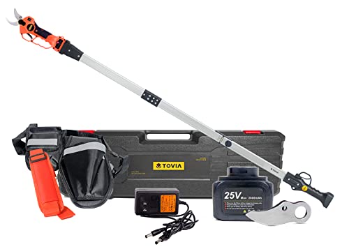 Cordless Pruning Shears, Electric Pruner with 7.5 Foot High Reach Extension Pole, Tool Belt, 2 Pack 25V Lithium Battery, SK5 Blades, 1.6 Inch Cutting Diameter, LCD Display Screen