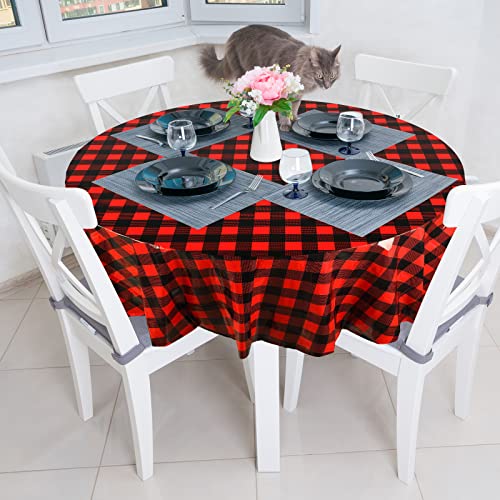 Remagr Christmas Disposable Checkered Tablecloth Round Plastic Buffalo Plaid Table Cloth 84 Inch Waterproof Gingham Cover for Picnic Camping Party Carnival BBQ (Red and Black, 6 Pieces)