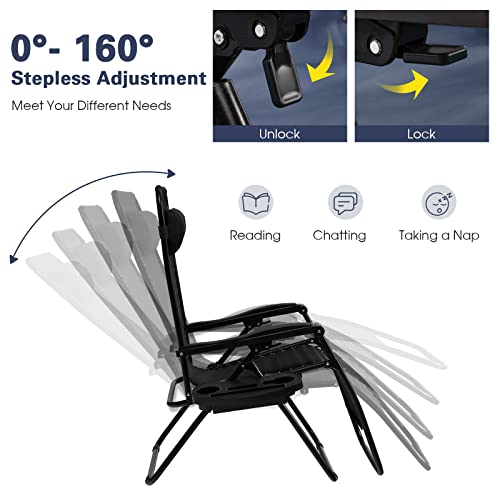 Goplus Zero Gravity Chair, Adjustable Folding Reclining Lounge Chair with Pillow and Cup Holder, Patio Lawn Recliner for Outdoor Pool Camp Yard (1, Black)