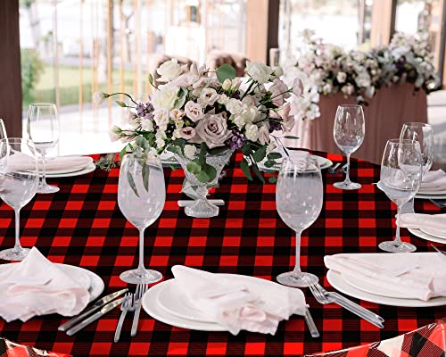 Remagr Christmas Disposable Checkered Tablecloth Round Plastic Buffalo Plaid Table Cloth 84 Inch Waterproof Gingham Cover for Picnic Camping Party Carnival BBQ (Red and Black, 6 Pieces)