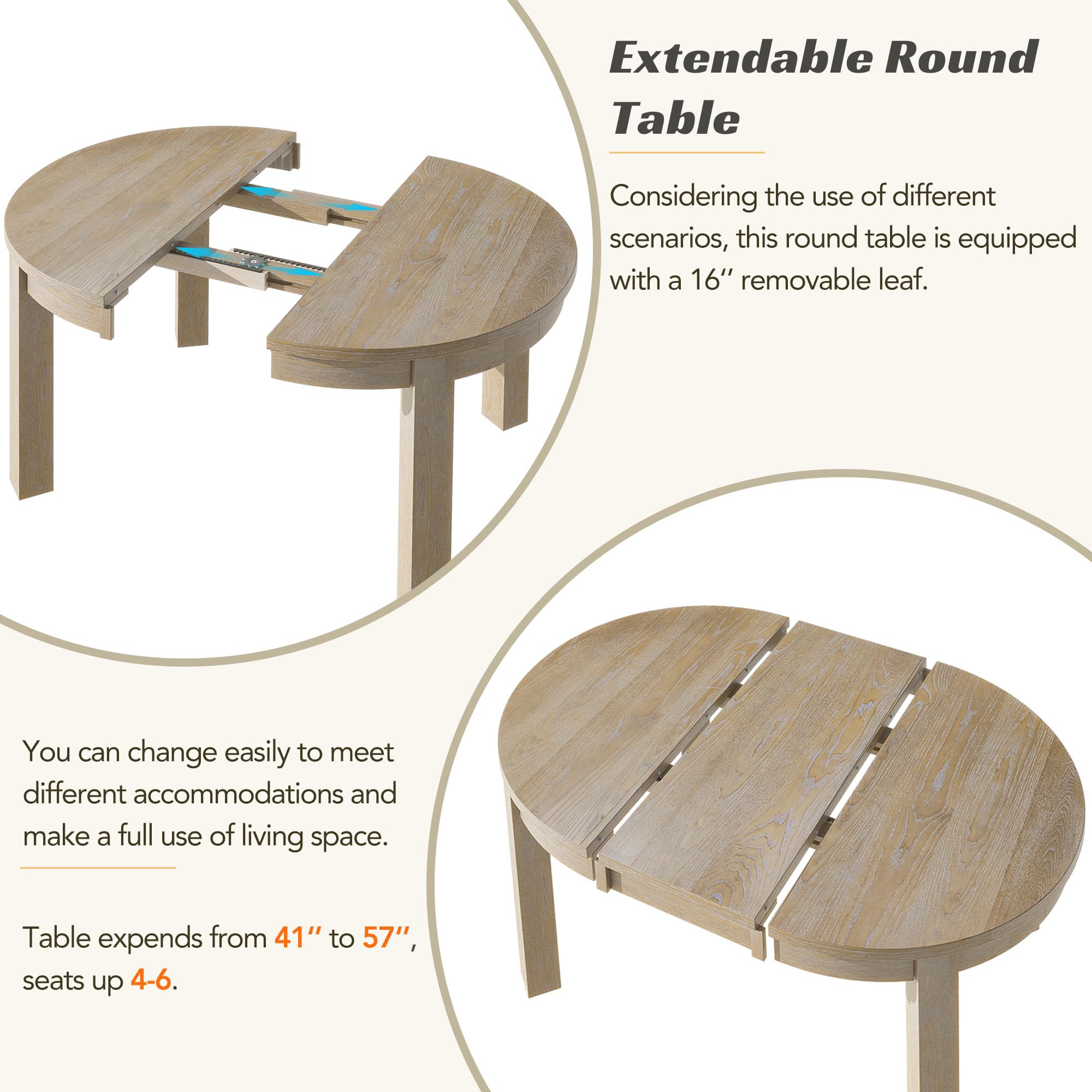 Merax Round Dining Table Set for 4, Extendable Wood Frame with Drawers and Wooden Chairs, Built-in 16" Removable Leaf, Natural