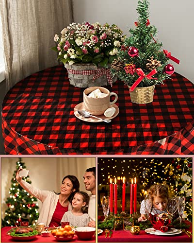 Remagr Christmas Disposable Checkered Tablecloth Round Plastic Buffalo Plaid Table Cloth 84 Inch Waterproof Gingham Cover for Picnic Camping Party Carnival BBQ (Red and Black, 6 Pieces)