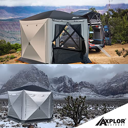 AxplorOutdoor RV Camping Gazebo Screen-Tent with Floor and Wind-Panels | 12ft x 12ft Portable Pop-Up Canopy Screen Room with Tarp Floor and Zippered-Side Panels | Pop-Up Screen Gazebo (Grey/Silver)