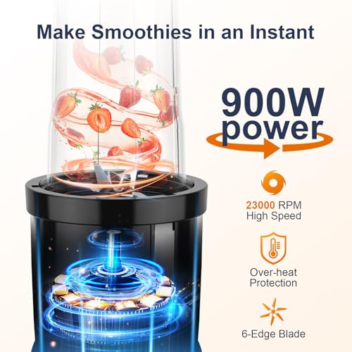 KOIOS Smoothie Blender, 900W Personal Blender for Shakes and Smoothies Kitchen with 2 No-BPA 22oz Portable Blender Cups, Single Serve Smoothies Maker Mixer for Juices, Nutritious Recipe (Light Grey)