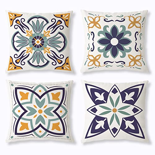 Outdoor Pillow Covers 18x18 Waterproof Outdoor Pillows for Patio Furniture Yellow and Blue Boho Outdoor Pillows Decorative Garden Cushion Couch Throw Pillows Covers Farmhouse Home Decor 