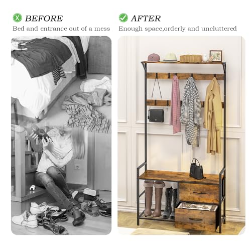 aboxoo Hall Tree with Storage Bench, Coat Rack, 2-Tier Shelves, Fabric Storage Basket, 10 Hooks, Industrial 5 in 1 Large Organizer, Wood Look Accent Furniture-Sturdy Metal Frame (Rustic Brown)