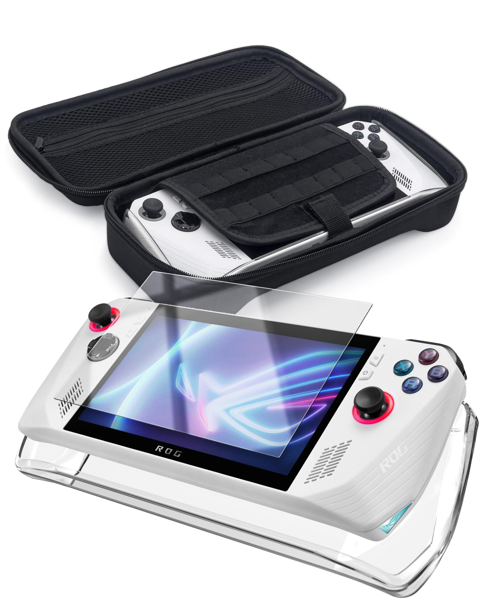 ENCASED 3-in-1 Asus ROG Ally Accessories Bundle - Clear Grip Case with Tempered Glass Screen Protector and Protective Carrying Bag with Handle (EVA Hard Shell)