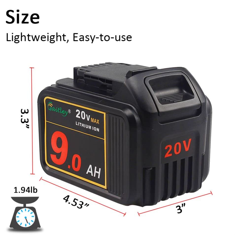 waitley 20V 9.0Ah Lithium Ion Battery Compatible with DEWALT DCB200 DCB209 Tools with LED Indicator