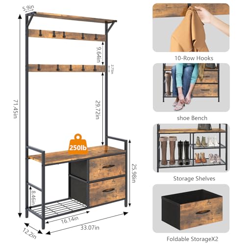 aboxoo Hall Tree with Storage Bench, Coat Rack, 2-Tier Shelves, Fabric Storage Basket, 10 Hooks, Industrial 5 in 1 Large Organizer, Wood Look Accent Furniture-Sturdy Metal Frame (Rustic Brown)