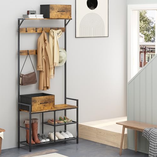 aboxoo Hall Tree with Storage Bench, Coat Rack, 2-Tier Shelves, Fabric Storage Basket, 10 Hooks, Industrial 5 in 1 Large Organizer, Wood Look Accent Furniture-Sturdy Metal Frame (Rustic Brown)