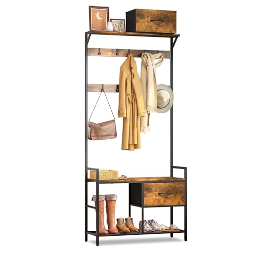 aboxoo Hall Tree with Storage Bench, Coat Rack, 2-Tier Shelves, Fabric Storage Basket, 10 Hooks, Industrial 5 in 1 Large Organizer, Wood Look Accent Furniture-Sturdy Metal Frame (Rustic Brown)