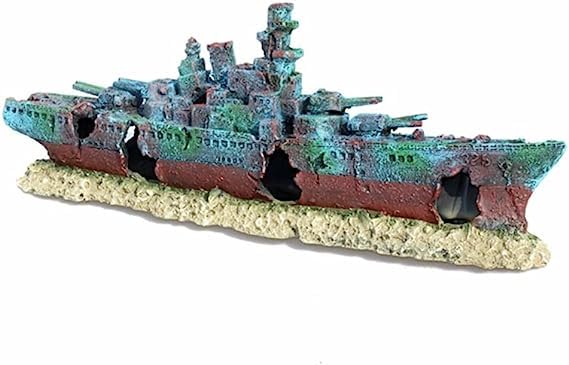 UMEWAVE 18.5 Inch Boat Sunk Battleship War Ship,Fish Tank Cave Ornaments, Wreck Boat Decor,Resin Material Aquarium Sunk Ship Eco-Friendly for Fish Favors