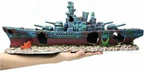 UMEWAVE 18.5 Inch Boat Sunk Battleship War Ship,Fish Tank Cave Ornaments, Wreck Boat Decor,Resin Material Aquarium Sunk Ship Eco-Friendly for Fish Favors
