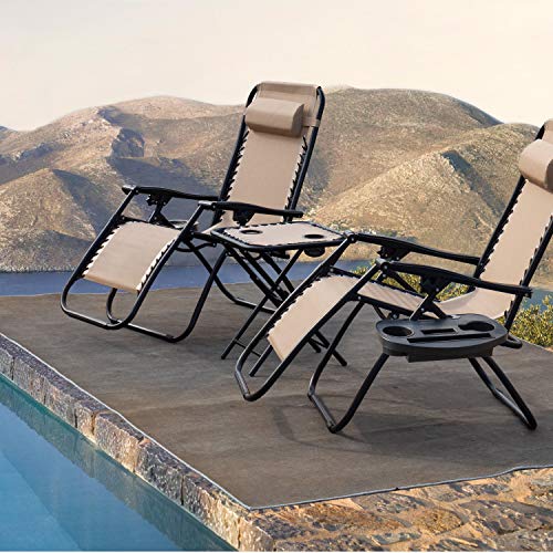 Devoko Patio Zero Gravity Chair Outdoor Folding Recliner Chairs with Table Pool Side Using Lawn Chair Sets with Pillow (Light Beige)
