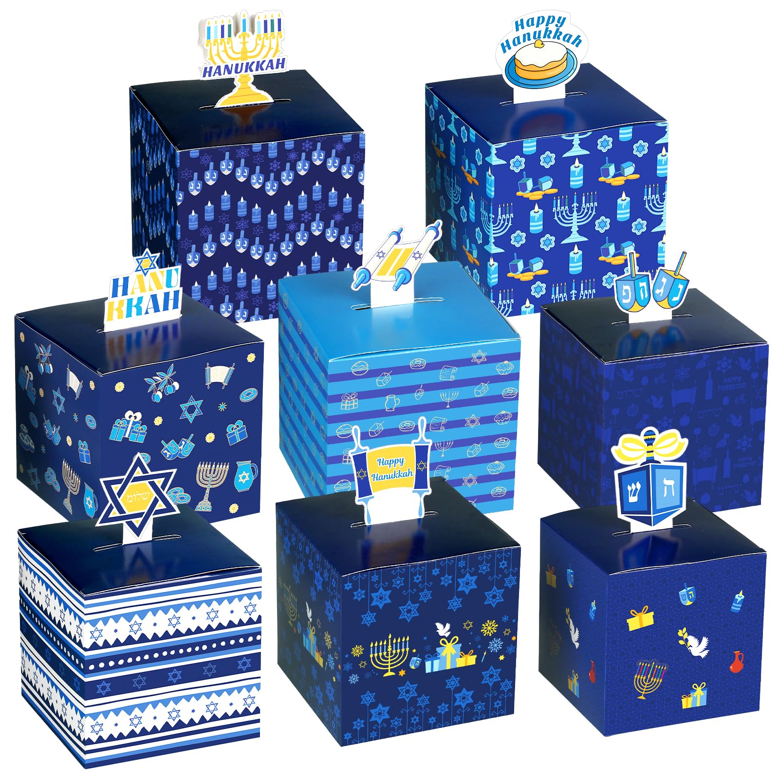 Yeaqee 32 Pcs Hanukkah Goody Candy Boxes for Gift Giving Chanukah Treat Boxes Hanukkah Cookie Boxes Tins Holiday Cardboard Gift Wrap Boxes Paper Gift Holder for Party Favor Supplies, 8 Styles