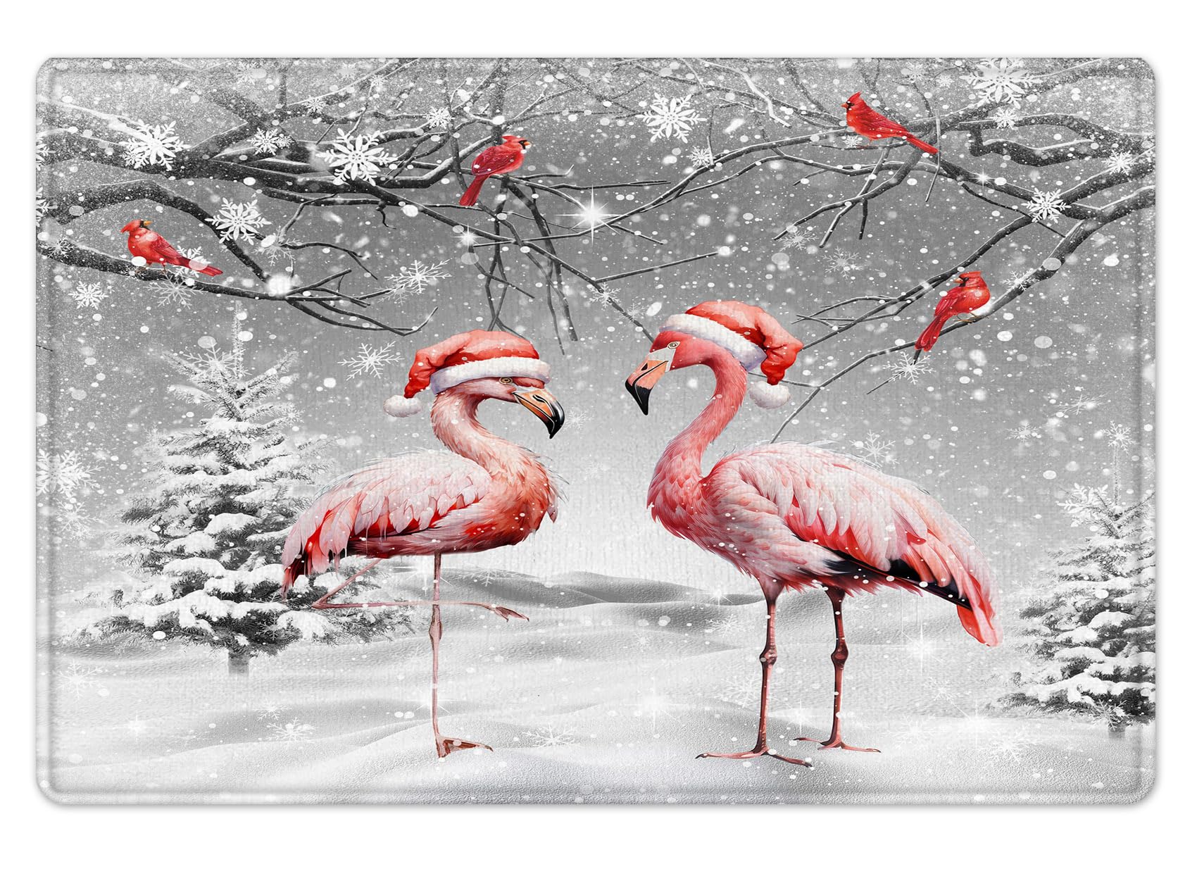 LB Winter Snow Forest Bath Mat Pink Flamingo with Christmas Hat Area Rug for Bathroom Red Cardinal Grey Tree Doormat Non Slip Memory Foam Super Absorbent Floor Mats,24Wx16H Inch