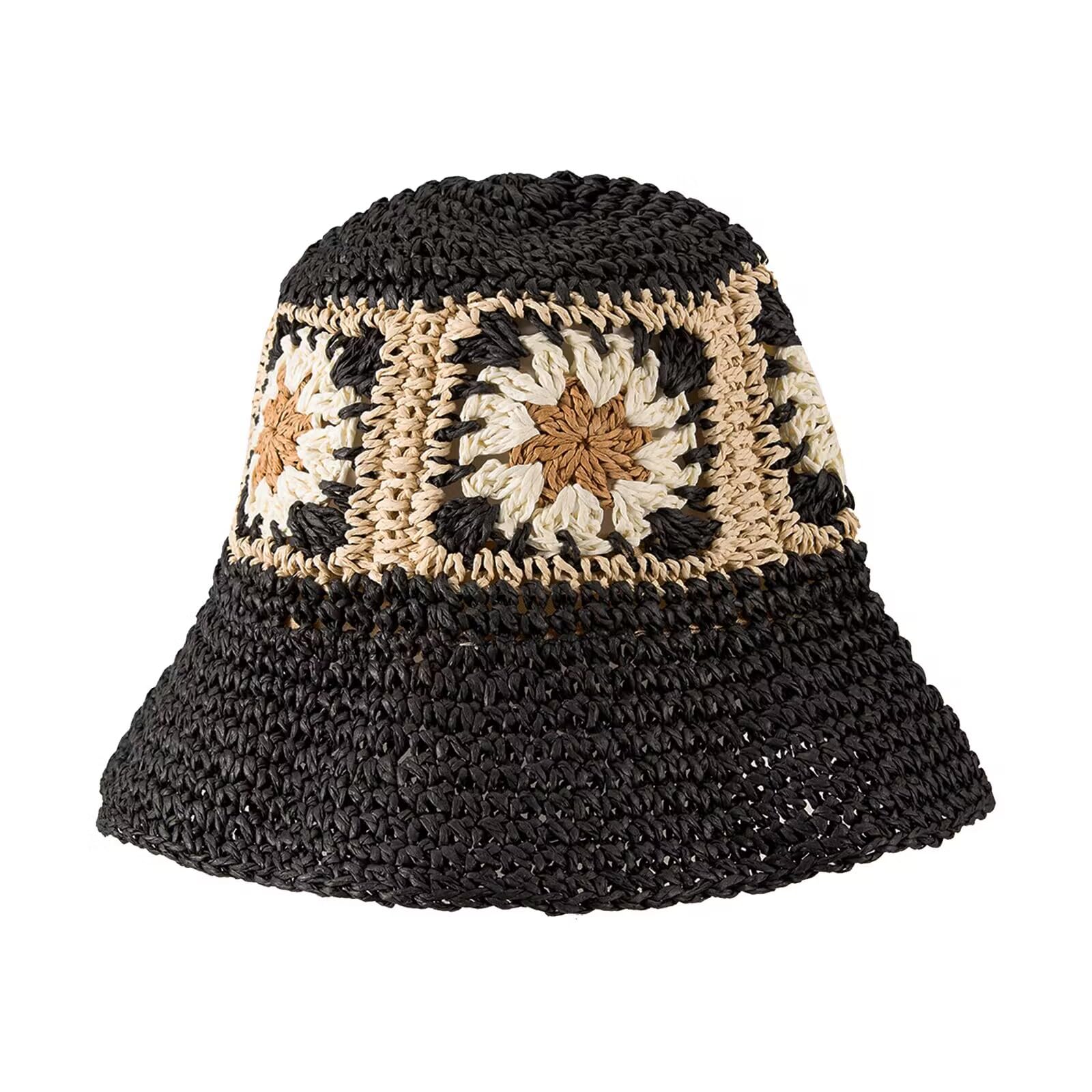 Womens Straw Sun Hat Woven Bucket Hat Summer Beach Cap Fishing Hat Fashion Floral Cap Beach Hat for Women Foldable Vacation Travel Straw Hat Black