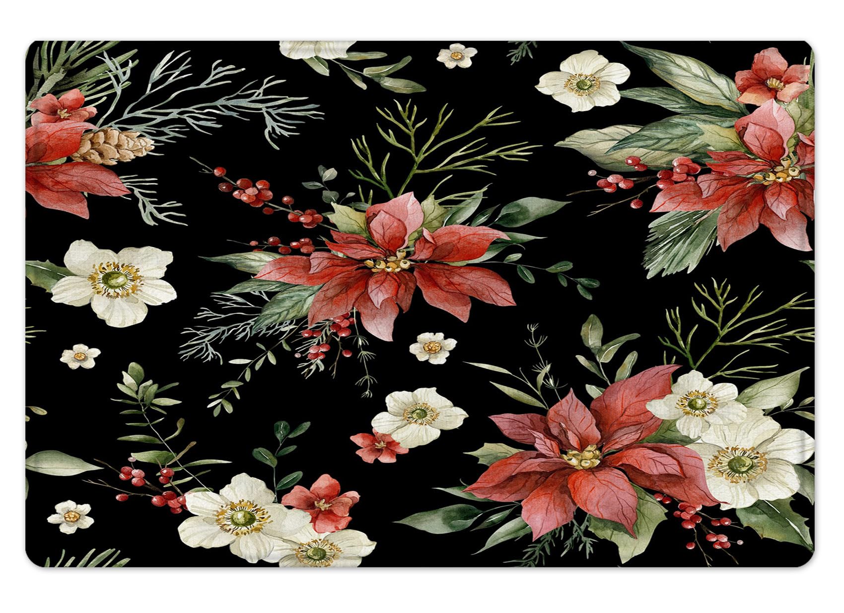LB Red Floral Bath Mat Christmas Poinsettia on Black Area Rug for Bathroom Rustic Flower with Green Leaf Doormat Non Slip Memory Foam Super Absorbent Floor Mats,24Wx16H Inch