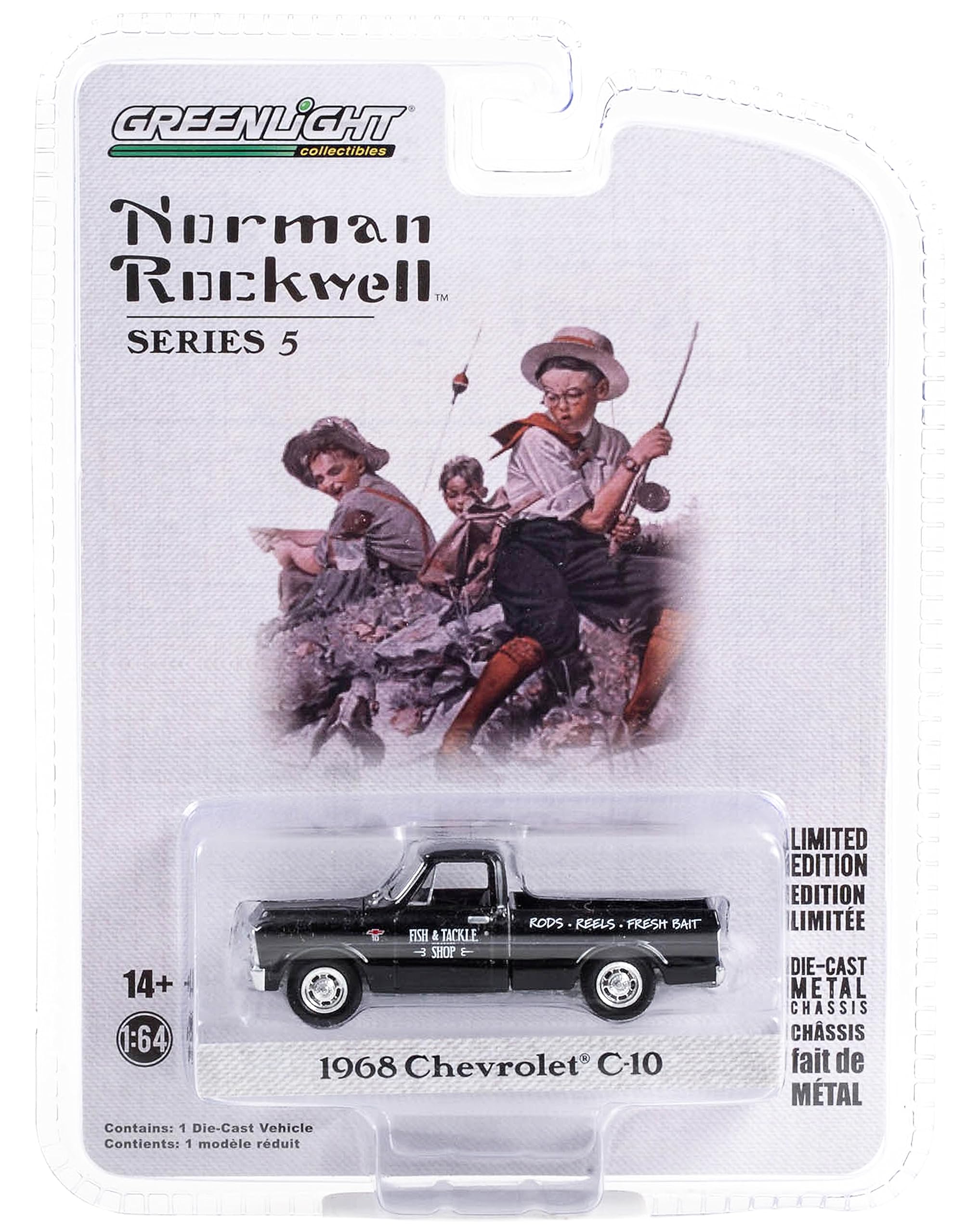 1968 Chevy C-10 Pickup Truck Black Fish & Tackle Shop Norman Rockwell Series 5 1/64 Diecast Model Car by Greenlight 54080D