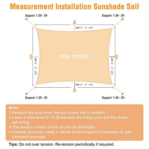 UIRWAY Sun Shade Sail 12x16FT Rectangle Canopy, 95% UV Block, 185GSM Breathable Sunshade for Patio, Garden, Pergola, Backyard - Sand