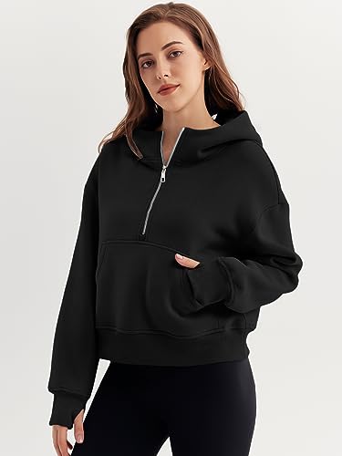 Trendy Queen Womens Hoodies Quarter Half Zip Pullover Oversized Sweatshirts Half With Pockets Fall Clothes BlackM