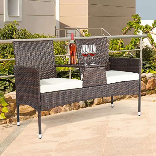 Zeaxar 131 * 61 * 83cm Brown Gradient Rattan Lover Chair Outdoor Furniture Set with Removable Cushion and Tempered Glass Tabletop Modern Rattan Bench for Garden Lawn Backyard