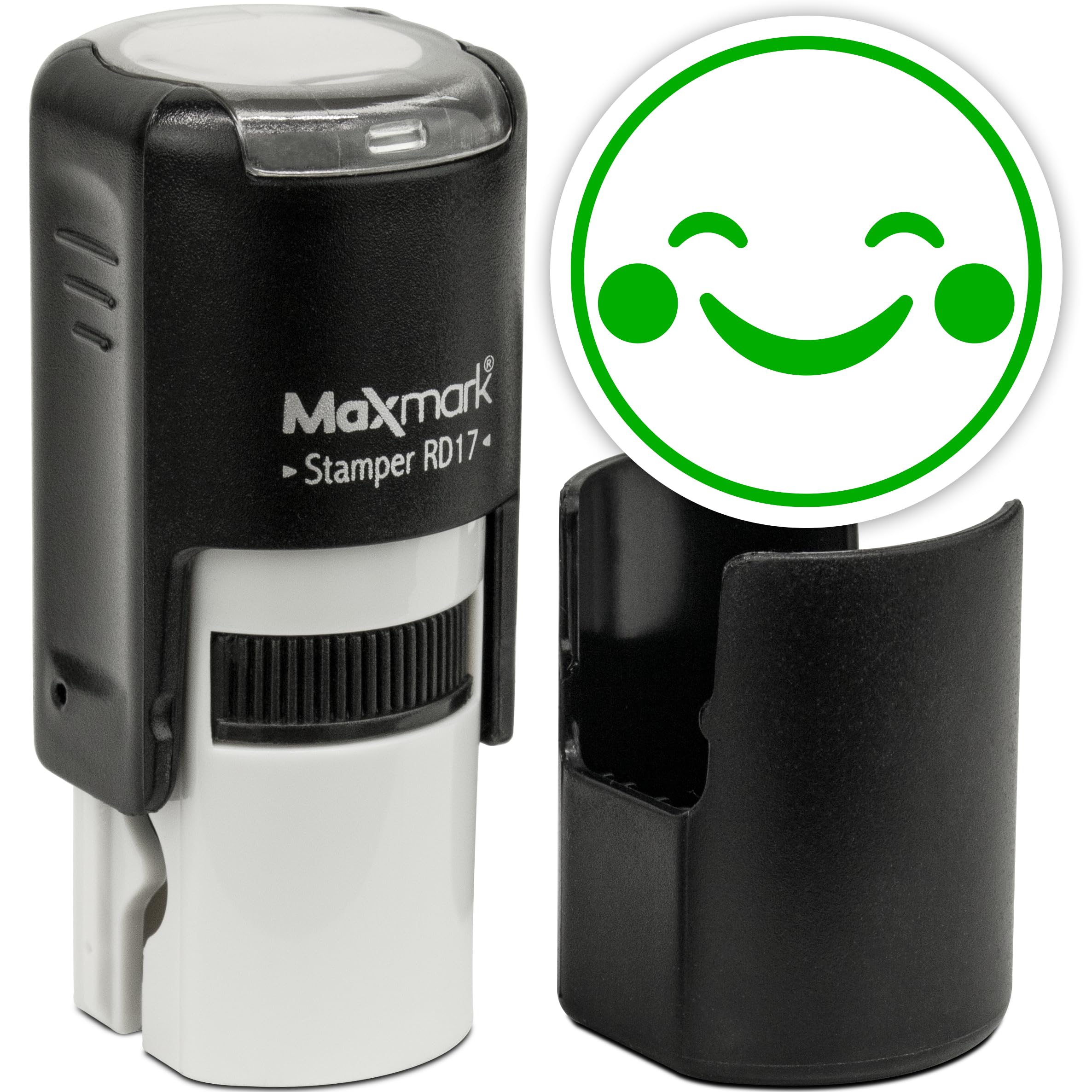 MaxMark Round Self Inking Emoji Stamp - Happy - Green Ink
