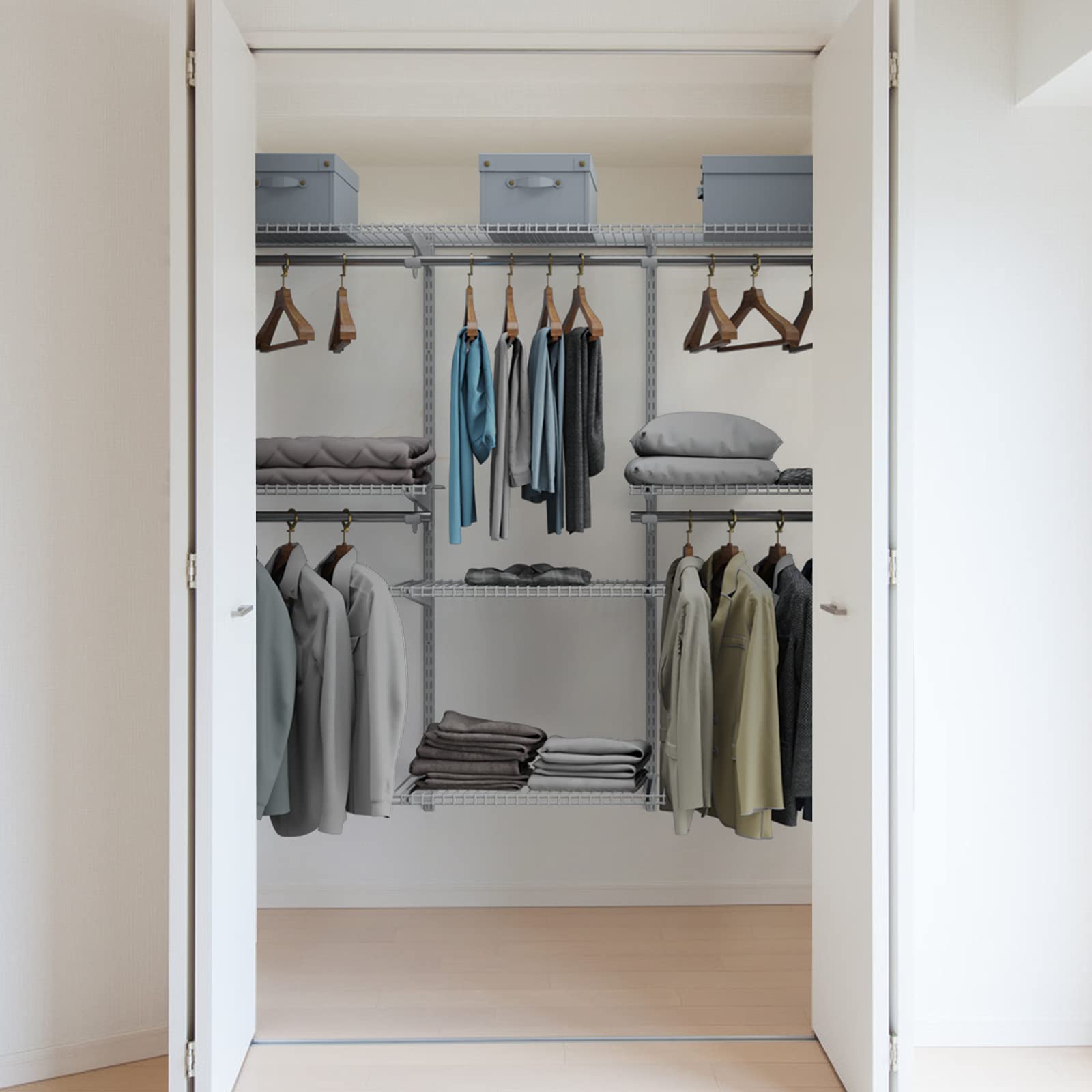 S AFSTAR 4 to 6 FT Mounted Closet Systems, Height Adjustable Custom Clothes Closet Kit with 3 Hanging Rod & 6 Storage Shelves, Wall-Mounted Clothes Closet Organizer for Bedroom Apartment, White