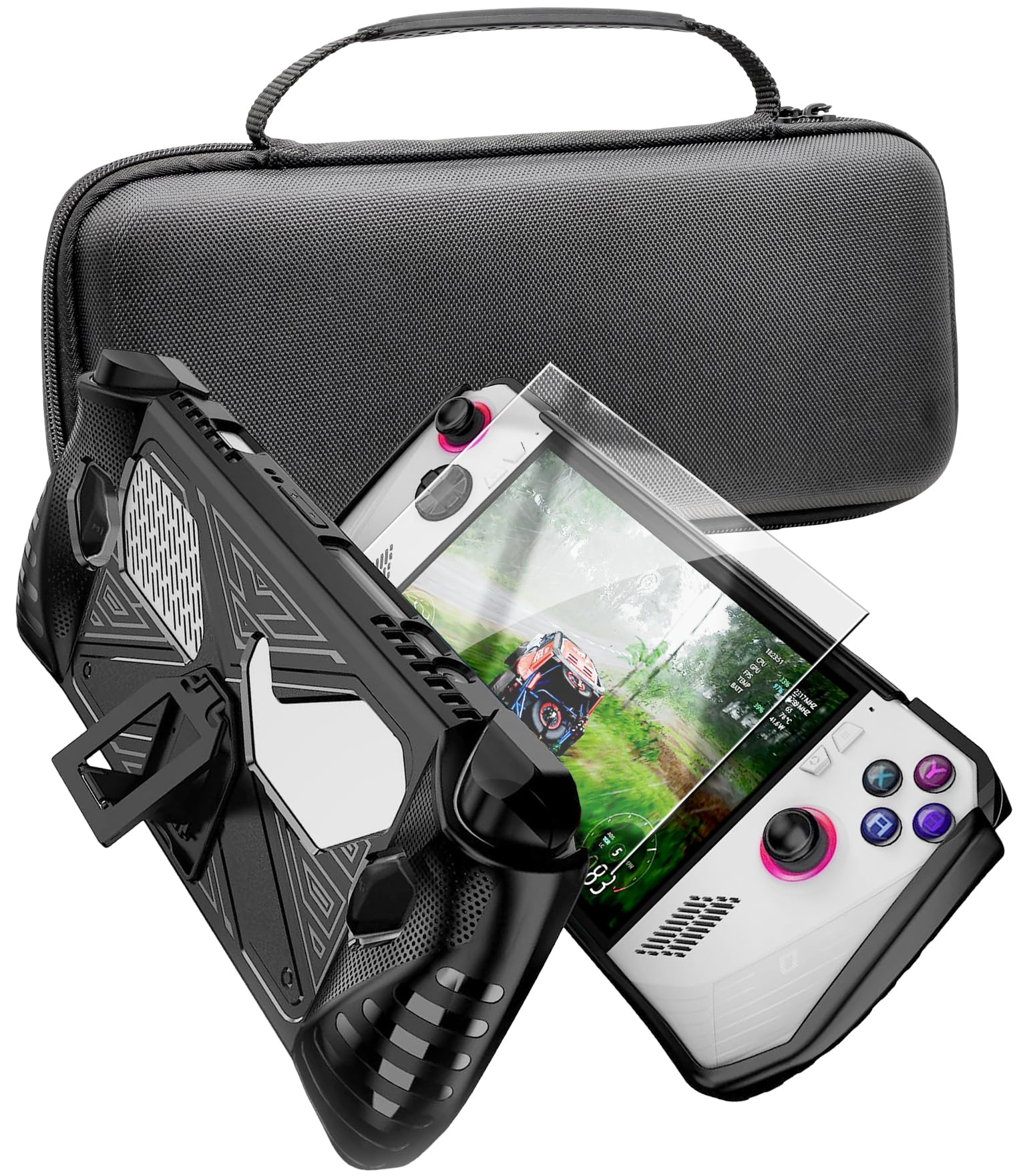 ENCASED Accessories Set for Asus ROG Ally - Handheld Kickstand Case with Hardshell Carrying Bag and Tempered Glass Screen Protector (Black)