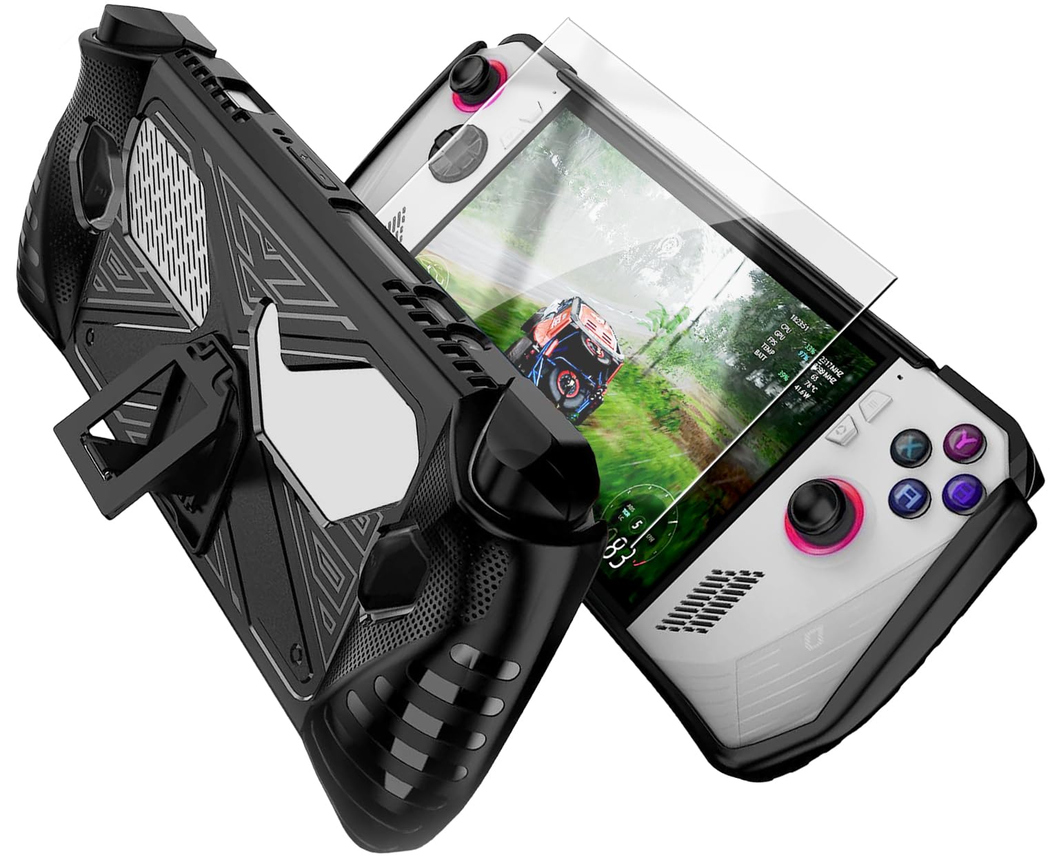 ENCASED Accessories Set for Asus ROG Ally - Handheld Kickstand Case with Hardshell Carrying Bag and Tempered Glass Screen Protector (Black)