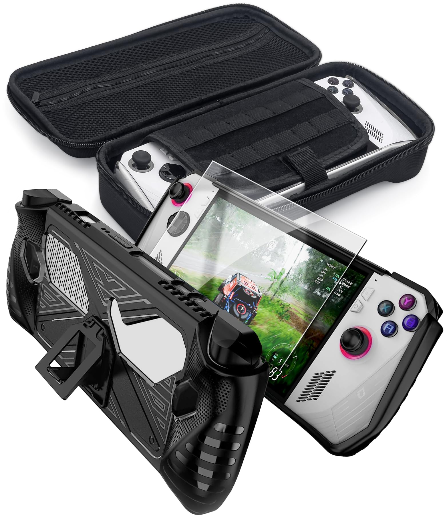 ENCASED Accessories Set for Asus ROG Ally - Handheld Kickstand Case with Hardshell Carrying Bag and Tempered Glass Screen Protector (Black)