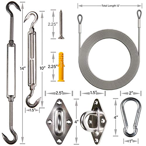 Amgo Square/Rectangle Sun Shade Sail Canopy Installation Hardware Kit Accessory 44 PC, with 12' Long Extension Cable Wires, 10 Inches Turnbuckles, 316 Stainless Steel, Anti Rust, Heavy Duty
