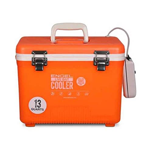 Engel 7.5qt Live Bait Cooler Box with 2nd Gen 2-Speed Portable Aerator Pump. Fishing Bait Station and Minnow Bucket for Shrimp, Minnows, and Other Live Bait - ENGLBC7-N-OHV in Orange High-Visibility