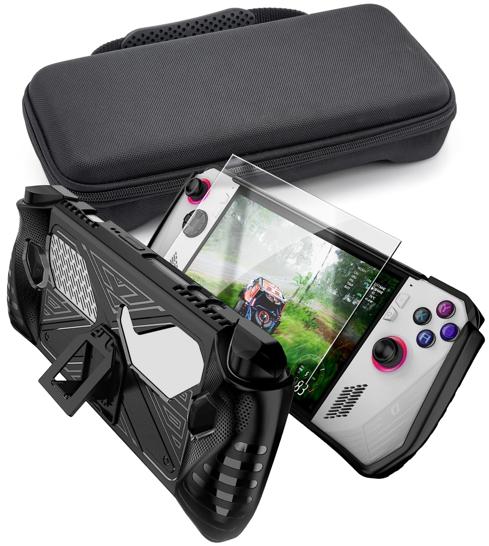 ENCASED Accessories Set for Asus ROG Ally - Handheld Kickstand Case with Hardshell Carrying Bag and Tempered Glass Screen Protector (Black)