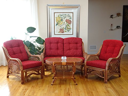 Malibu Lounge Set of 4: 2 Natural Rattan Wicker Chairs, Loveseat with Red Cushions and Coffee Table w/Glass Handmade, Colonial
