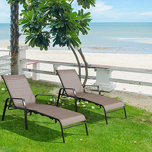 Patio Outdoor Chaise Lounge Chairs, Folding Sling Reclining Chaise Lounger Chair Fit Beach Yard Pool Patio with 5 Adjustable Positions, Brown Frame