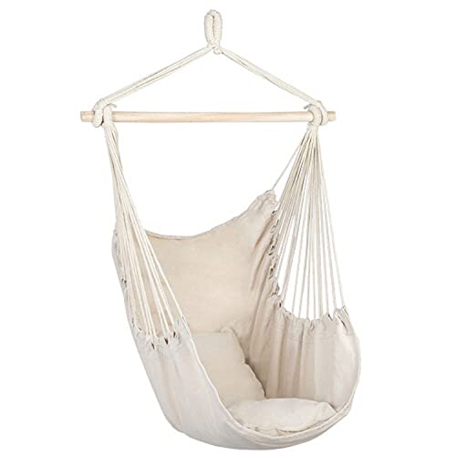 Hammock Hanging Swinging Chair, Hanging Chair for Bedroom - Max 265 Lbs - Balcony with Thick Cushion Beige - Steel Spreader Bar with Anti-Slip Rings - for Any Indoor or Outdoor Spaces (Beige)
