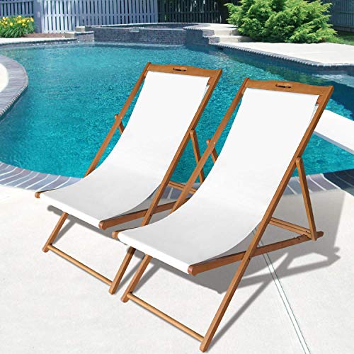 Beach Sling Chair Set Outdoor Lounge Chairs Set of 2 Pack Patio Furniture Portable Folding Reclining Wooden Adjustable Frame Solid Eucalyptus Wood with White Polyester Canvas 3-Position