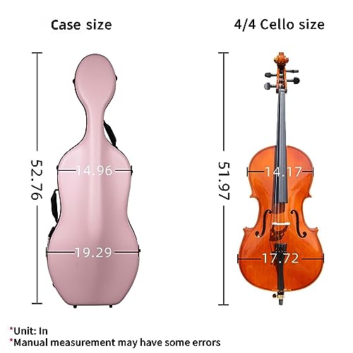 4/4 Full Size Cello Case, 100% Carbon Fiber Hard Shell Backpack，also Fits for 3/4, as 7.7 LB Only, and Hygromether and 1 Accessory Bag, 1 Music Sheet Bag, Sturdy, Portable and Waterproof (Pink Matte)