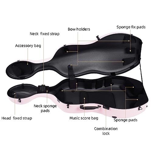 4/4 Full Size Cello Case, 100% Carbon Fiber Hard Shell Backpack，also Fits for 3/4, as 7.7 LB Only, and Hygromether and 1 Accessory Bag, 1 Music Sheet Bag, Sturdy, Portable and Waterproof (Pink Matte)
