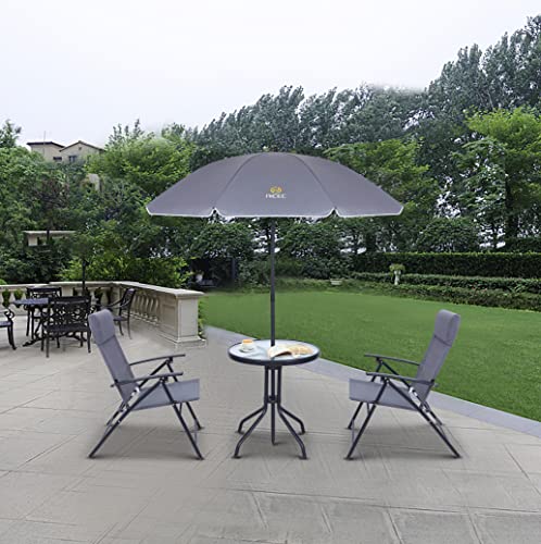 Nice C 3 Piece Patio Dining Set, Garden Outdoor Furniture Table Set with Tilted Removable Umbrella, Glass Table, and 2 Folding Chairs (Grey)