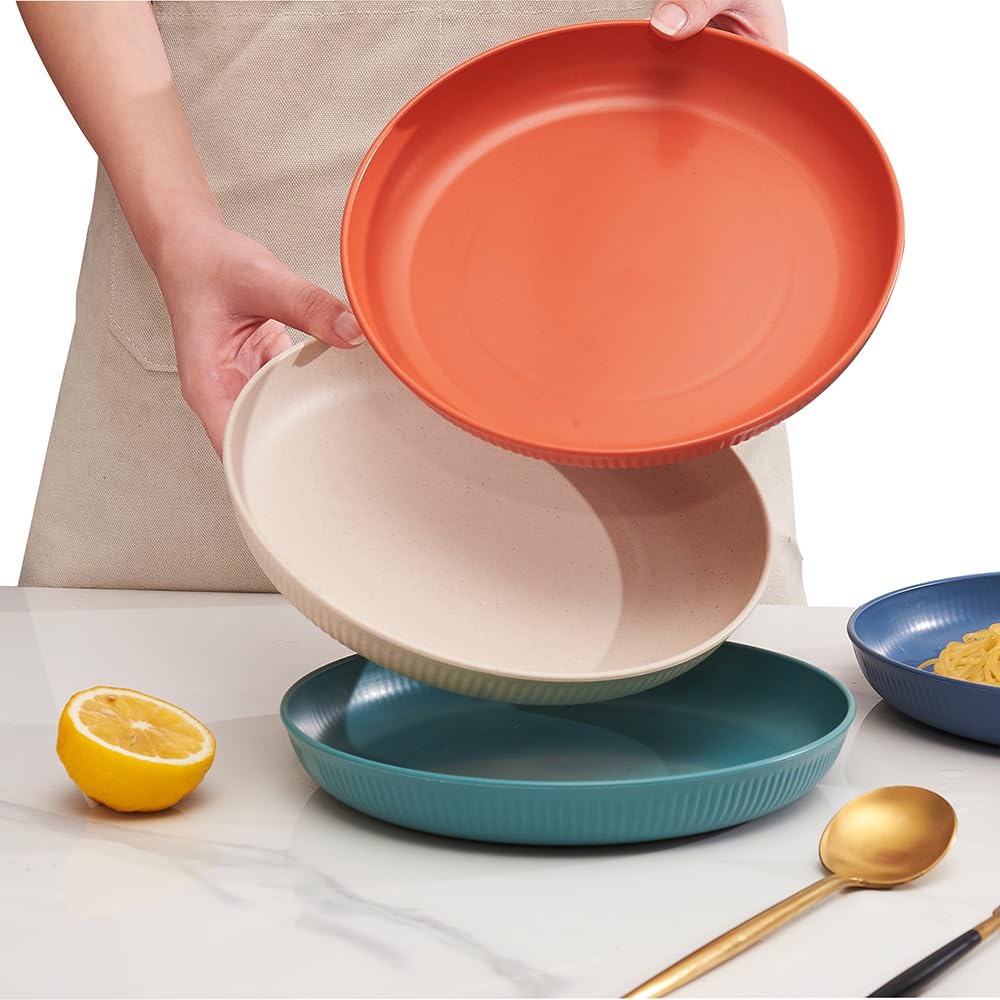 HXYPN 12 PACK 9 Inches Deep Dinner Plates Plastic Plates Reusable Unbreakable Kitchen Plate Sets Dishwasher and Microwave Safe Plates Wheat Straw Plates