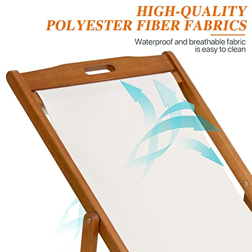 Beach Sling Chair Set Outdoor Lounge Chairs Set of 2 Pack Patio Furniture Portable Folding Reclining Wooden Adjustable Frame Solid Eucalyptus Wood with White Polyester Canvas 3-Position